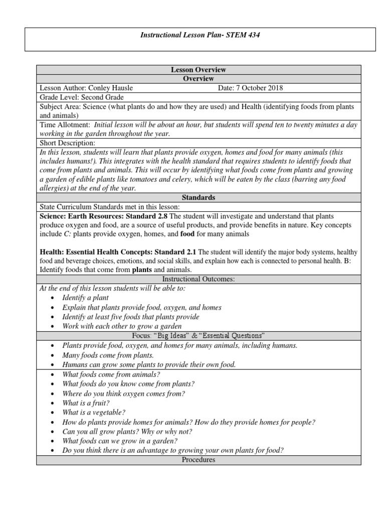 Hausle Conley Fall 2018 Stem 434 First Lesson Plan Portfolio Final | PDF | Foods | Plants