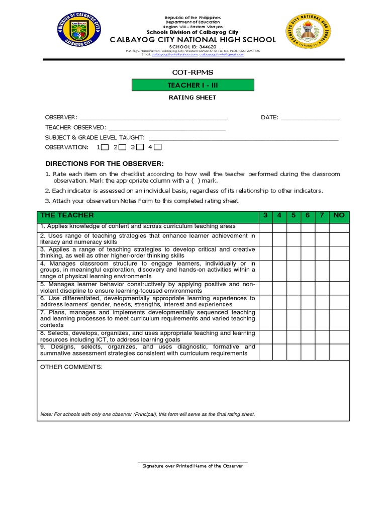 COT-RPMS Rating Sheet for Teachers I-III | PDF | Teachers | Curriculum