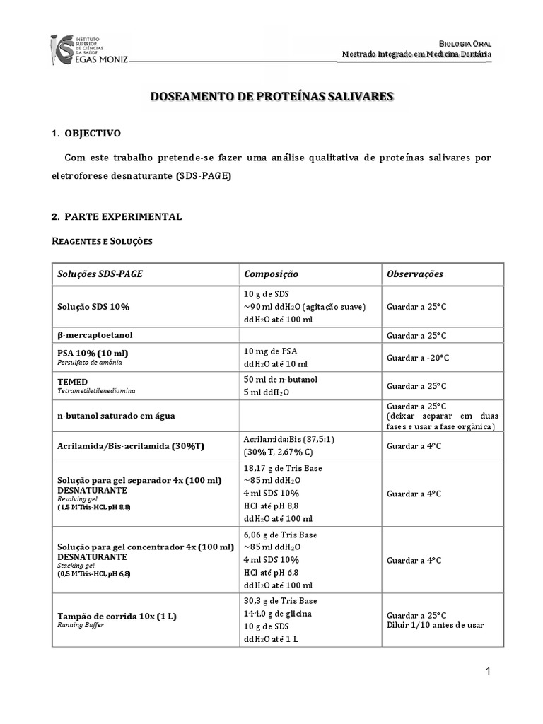 4 Protocolo SDS-PAGE | PDF | Eletroforese | Solução