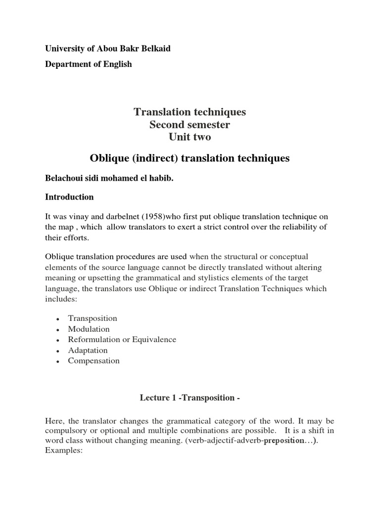 4-L2 Oblique (Indirect) Translation Techniques | PDF | Translations | Noun 4-L2 Oblique (Indirect) Translation Techniques | PDF | Translations | Noun