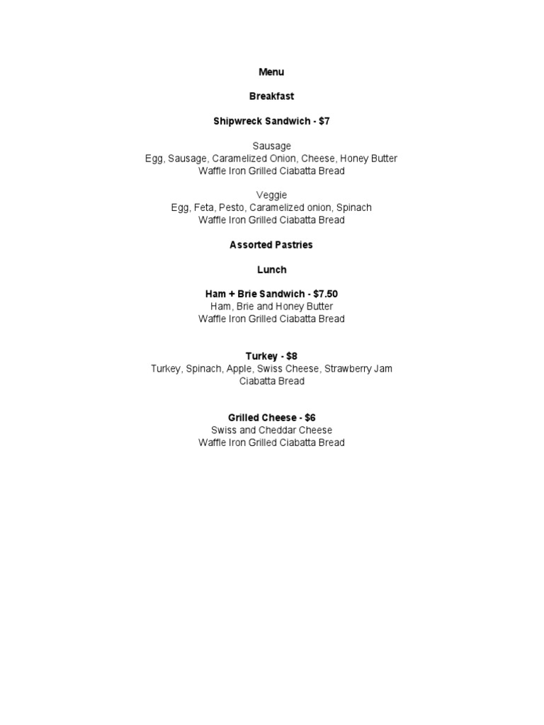 Menu Breakfast Shipwreck Sandwich - $7 | PDF