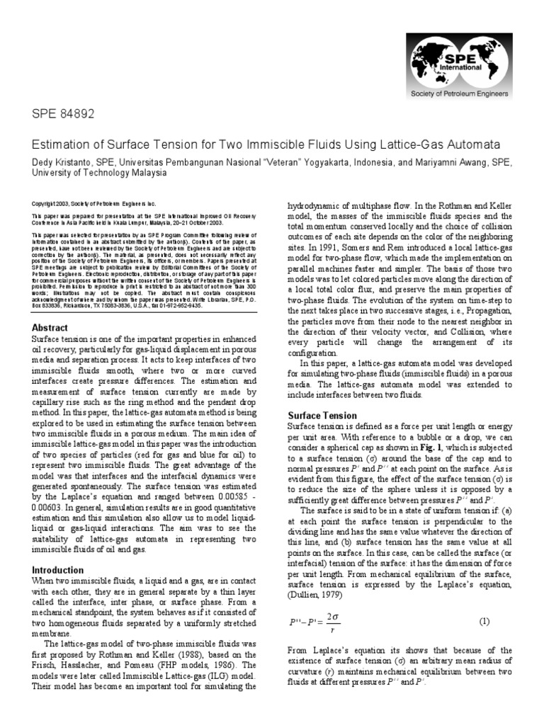Estimation of Surface Tension For Two Immiscible Fluids Using Lattice-Gas Automata | PDF ...