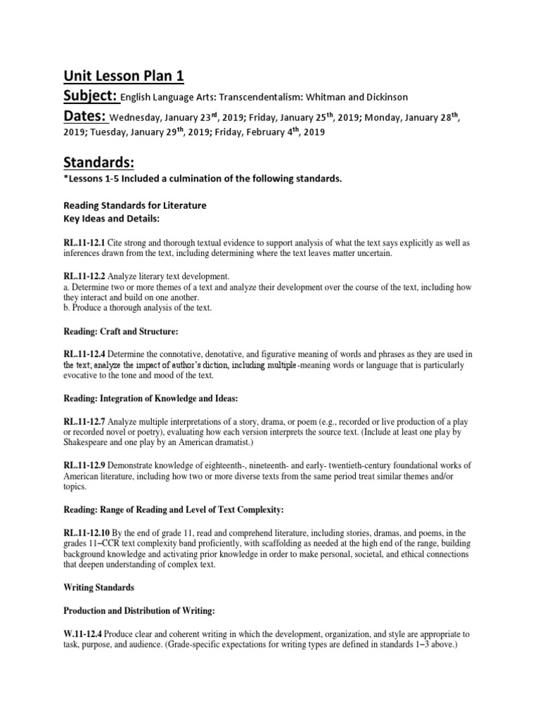Transcendentalism Unit Plan: Whitman & Dickinson | PDF | Emily ...