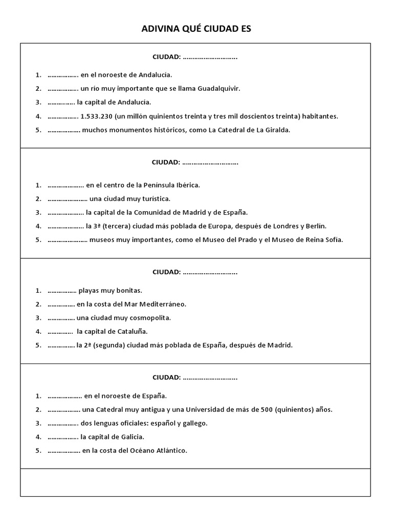 Adivina las ciudades de España | PDF | España | Península Ibérica