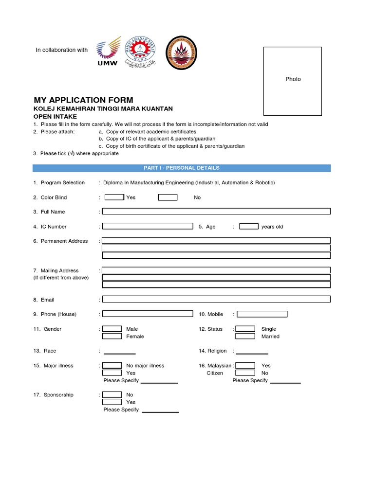 My Application Form: Kolej Kemahiran Tinggi Mara Kuantan Open Intake ...