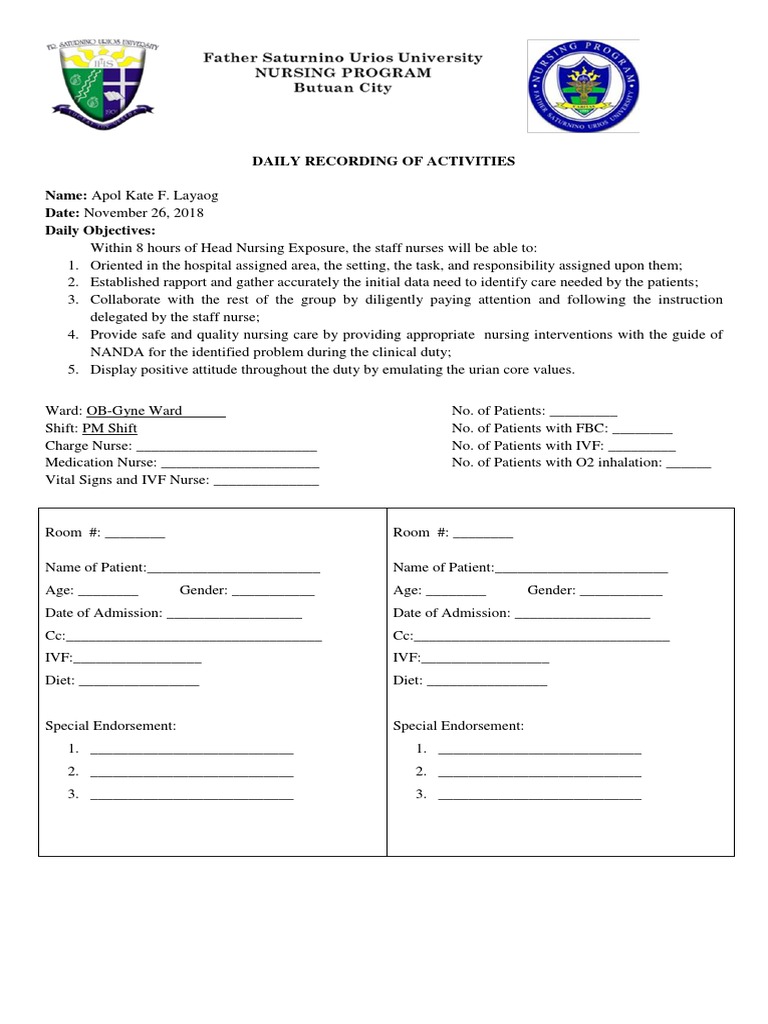 Daily Recording of Activities 2 | PDF | Nursing | Hospital