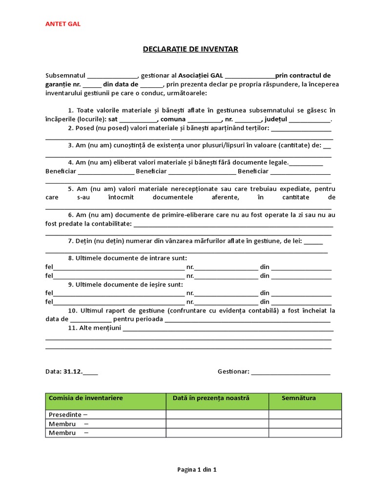 Model Declarație de Inventar (Declarație Gestionar)