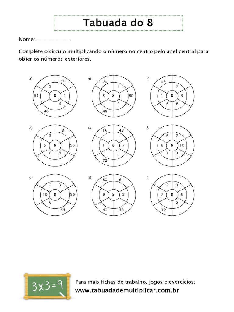 Tabuada Do 8 Fichas de Trabalho Ws3 | PDF | Ensino de Matemática | Lazer