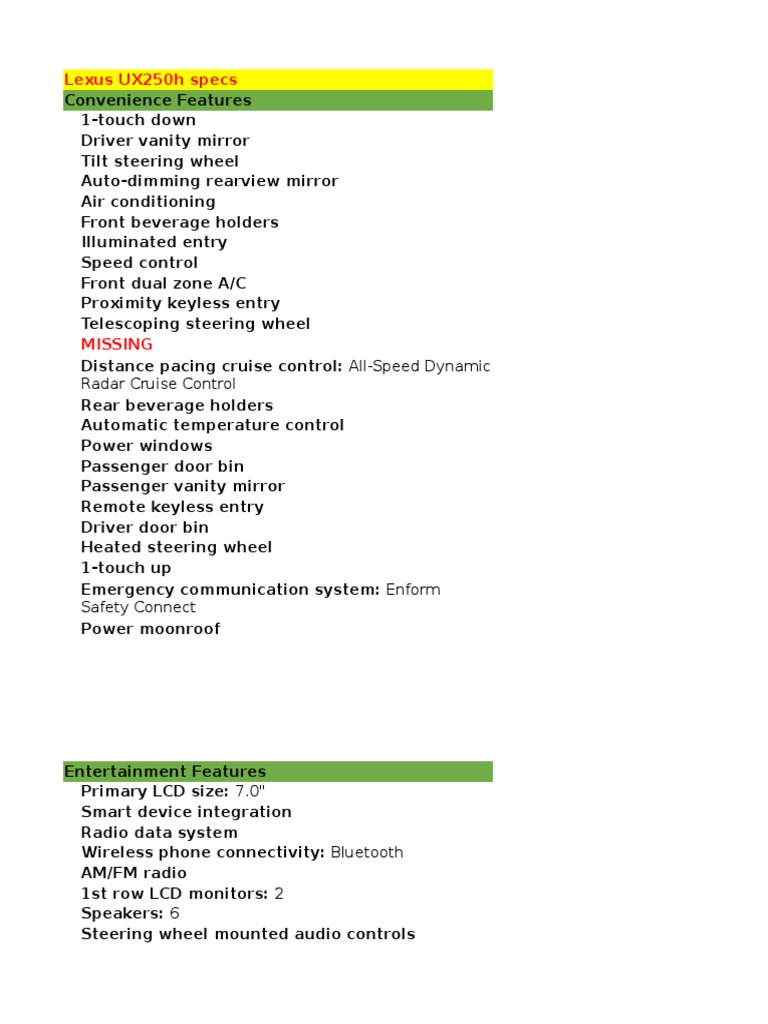 Lexus UX250h Specifications Overview | PDF | Automotive Technologies ...