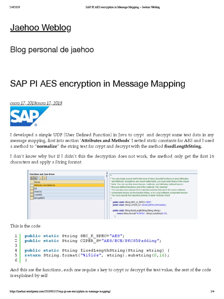 SAP PI AES Encryption in Message Mapping - Jaehoo Weblog | PDF | Cipher | String (Computer Science)