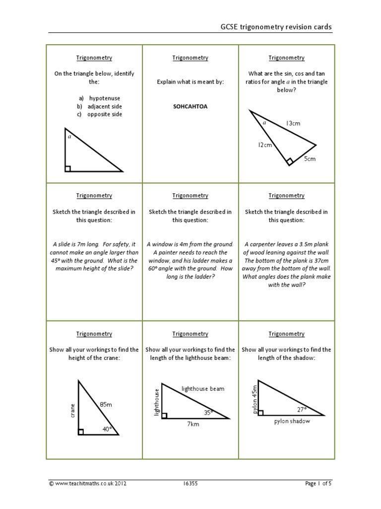 GCSE Trigonometry Revision Cards: Sohcahtoa | PDF | Trigonometry | Triangle