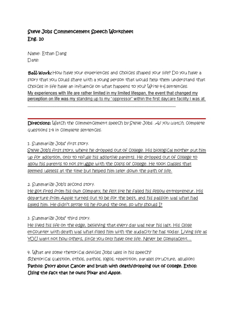 Steve Jobs Commencement Speech Worksheet | PDF