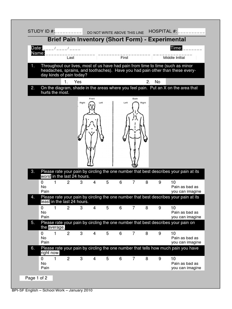 Brief Pain Inventory (Short Form) - Experimental: Date: Time: Name ...