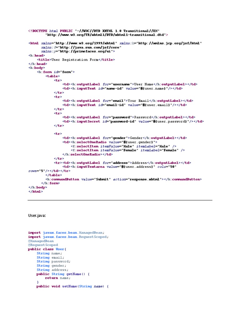 User Registration Form and Details Display with JSF and Managed Beans | PDF | Xhtml | Computer ...