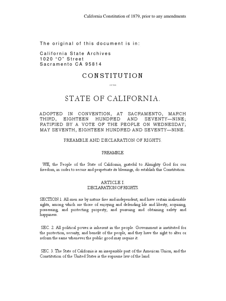 The Original 1879 Constitution of the State of California: Establishing ...