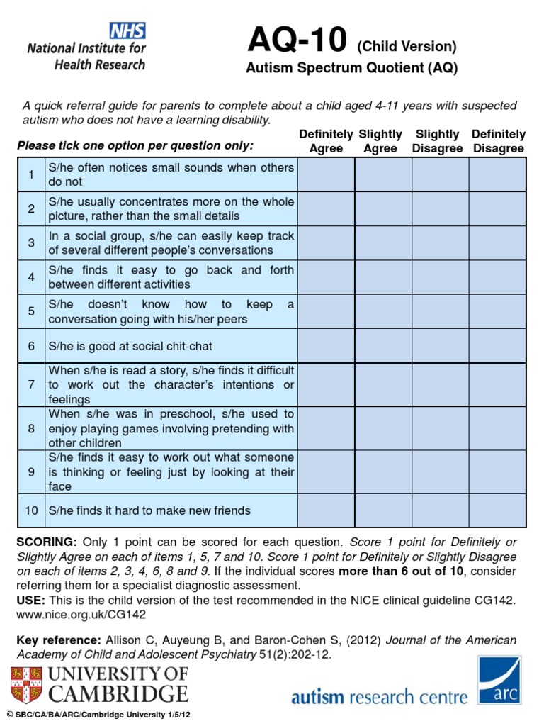 AQ10 Child | PDF | Autism | Psychiatry Related Fields