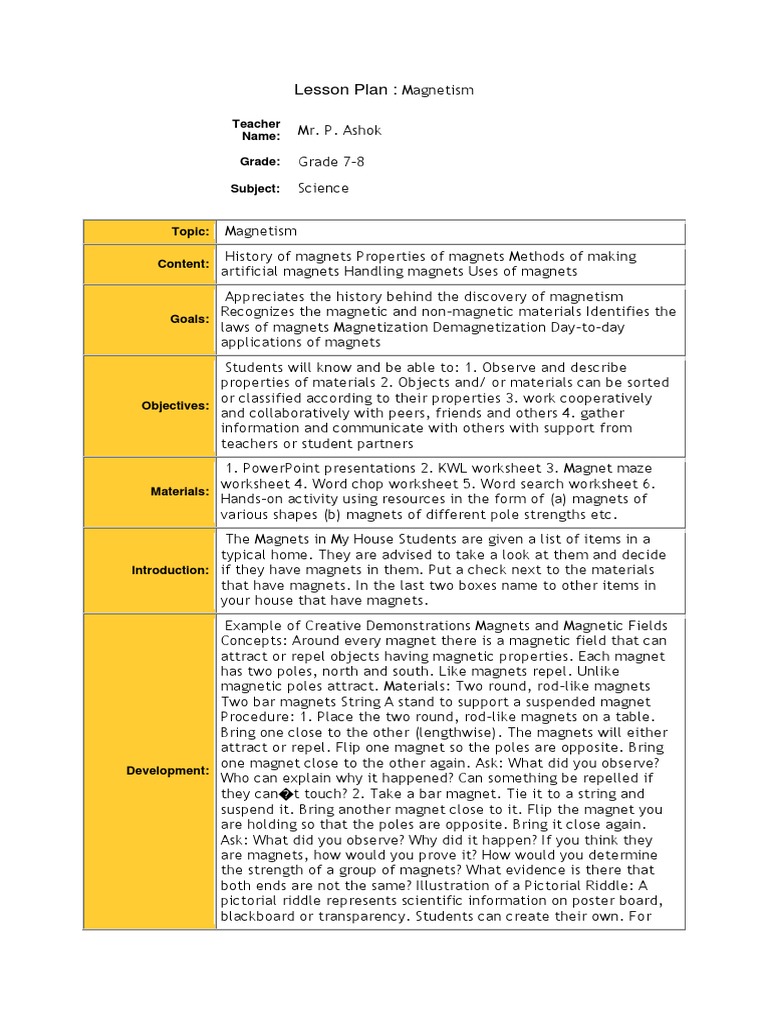 Magnetism Lesson Plan for Grades 7-8 | PDF | Magnet | Lesson Plan