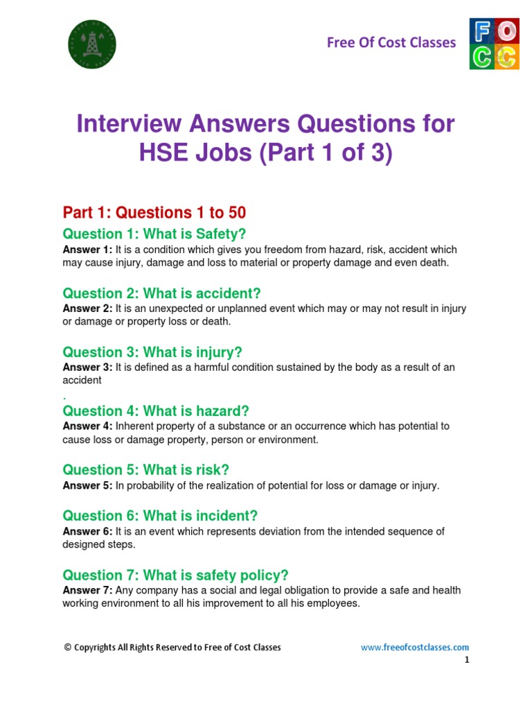 Interview Answers Questions For HSE Jobs (Part 1 of 3) : Free of Cost ...