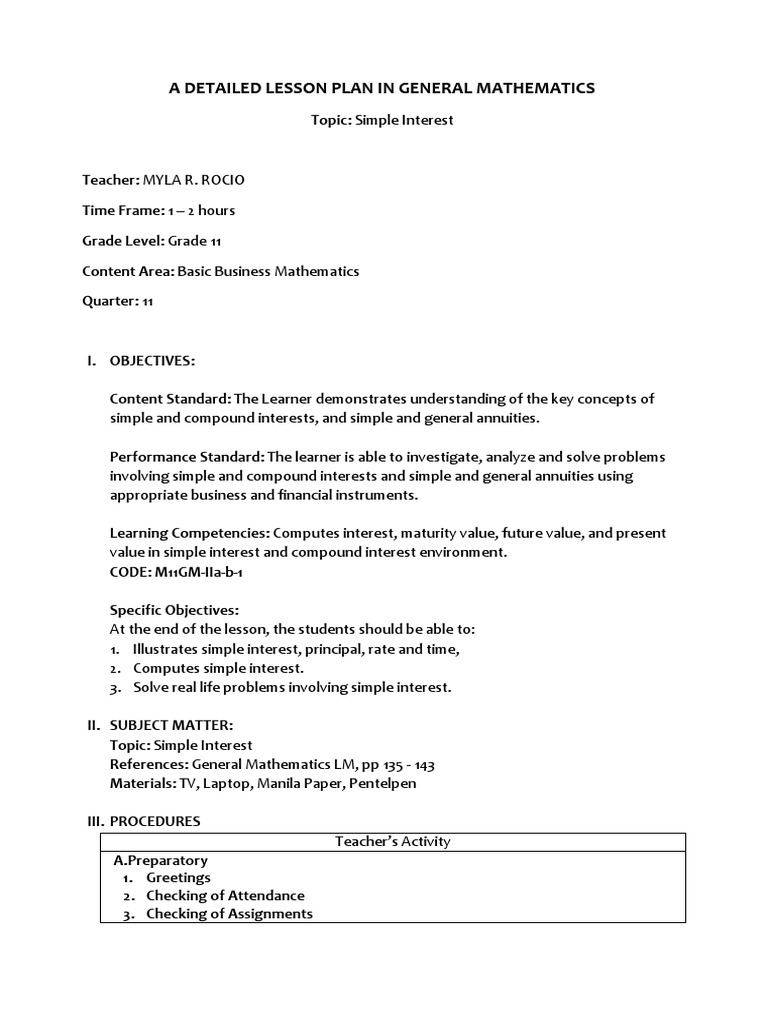 A Detailed Lesson Plan in General Mathematics | Interest | Lesson Plan