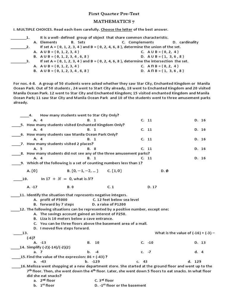 First Quarter Pre-Test Mathematics 7: TH TH | PDF | Mathematical ...