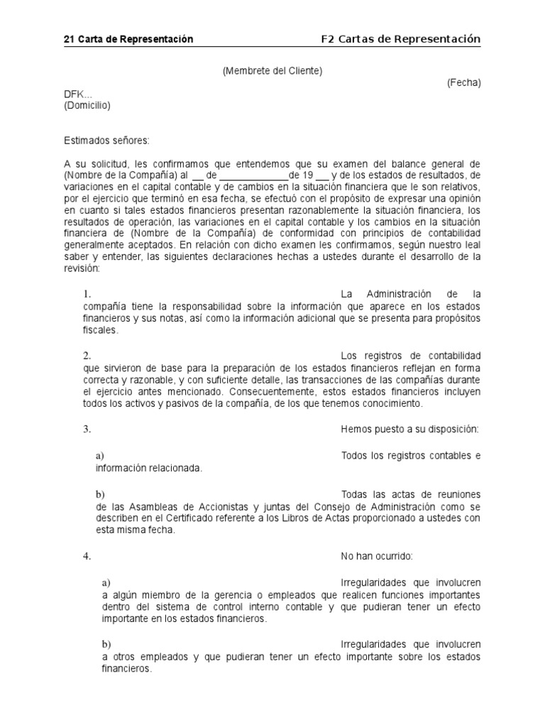 Carta de representación. Auditoria externa. | Contabilidad | Auditoría