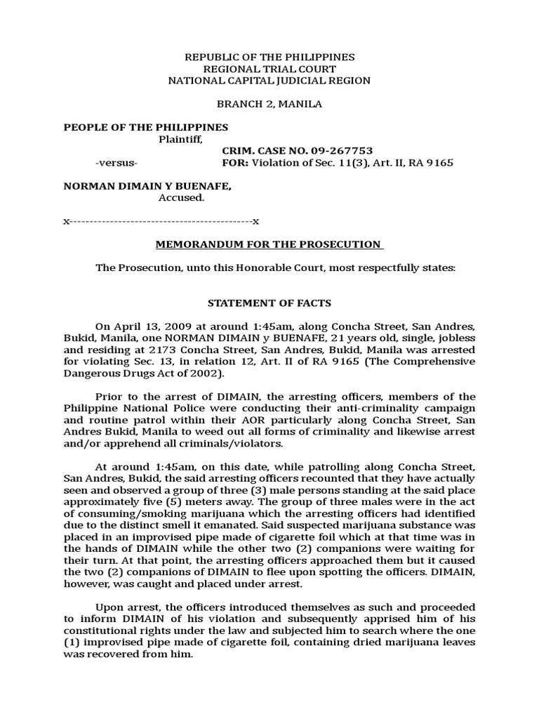 Legal Memorandum for Prosecution | Arrest | Cannabis (Drug)