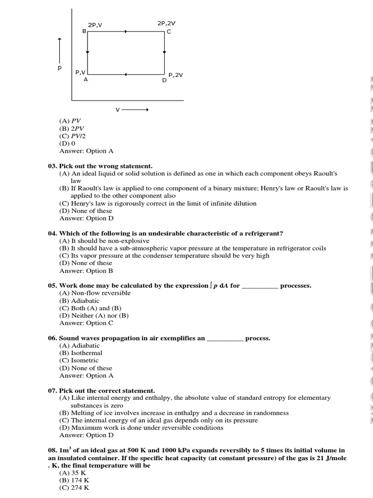 Chemical Engineering Thermodynamics MCQs PDF | PDF | Temperature | Enthalpy