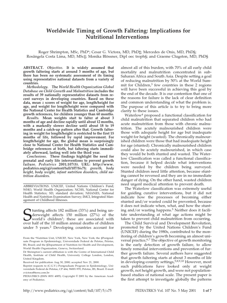 Worldwide Timing of Growth Faltering: Implications For Nutritional ...