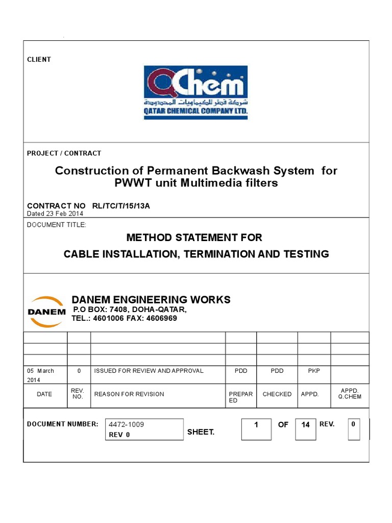 Method Statement For Cable Laying | PDF | Insulator (Electricity) | Wire