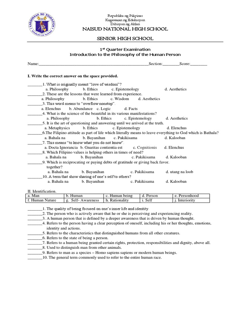 1st Quarter Exam on Introduction to the Philosophy of the Human Person ...
