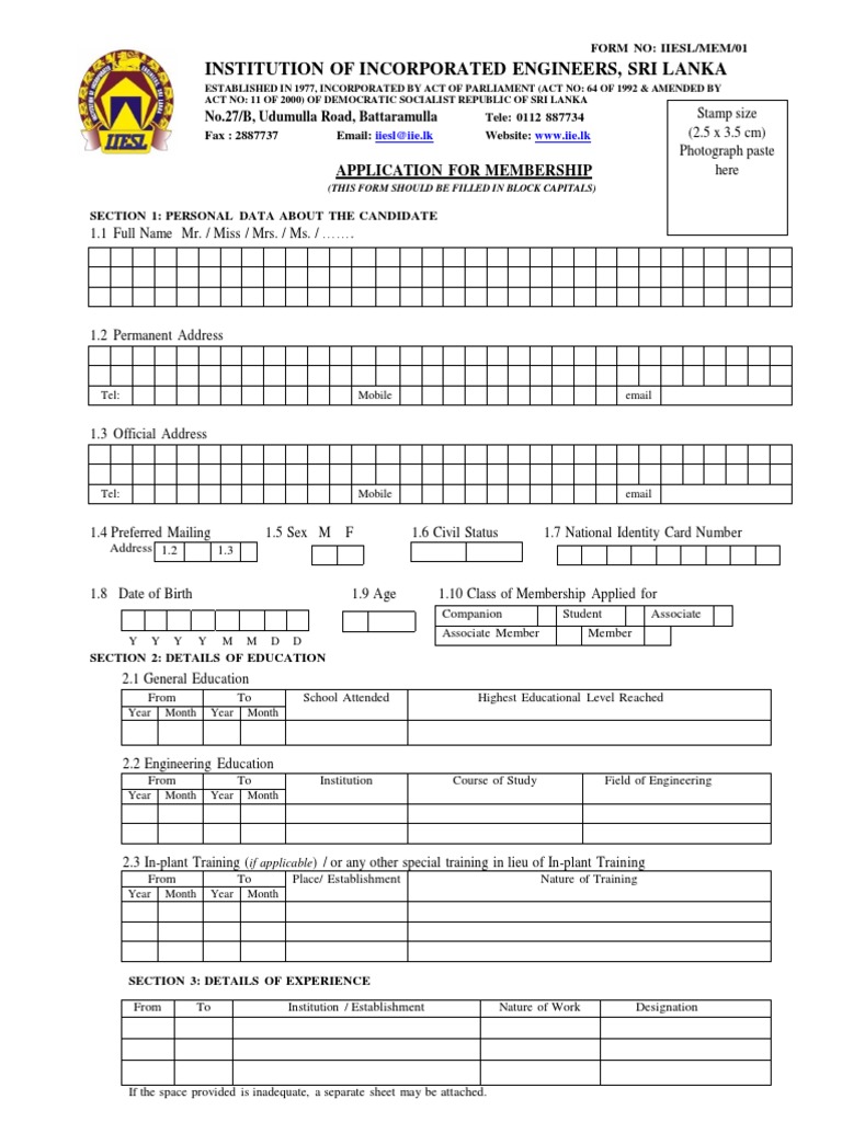 Institution of Incorporated Engineers, Sri Lanka: Application For ...