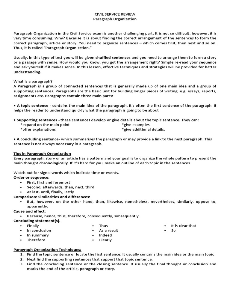 Handout For Paragraph Organization | PDF | Sentence (Linguistics) | Fuels