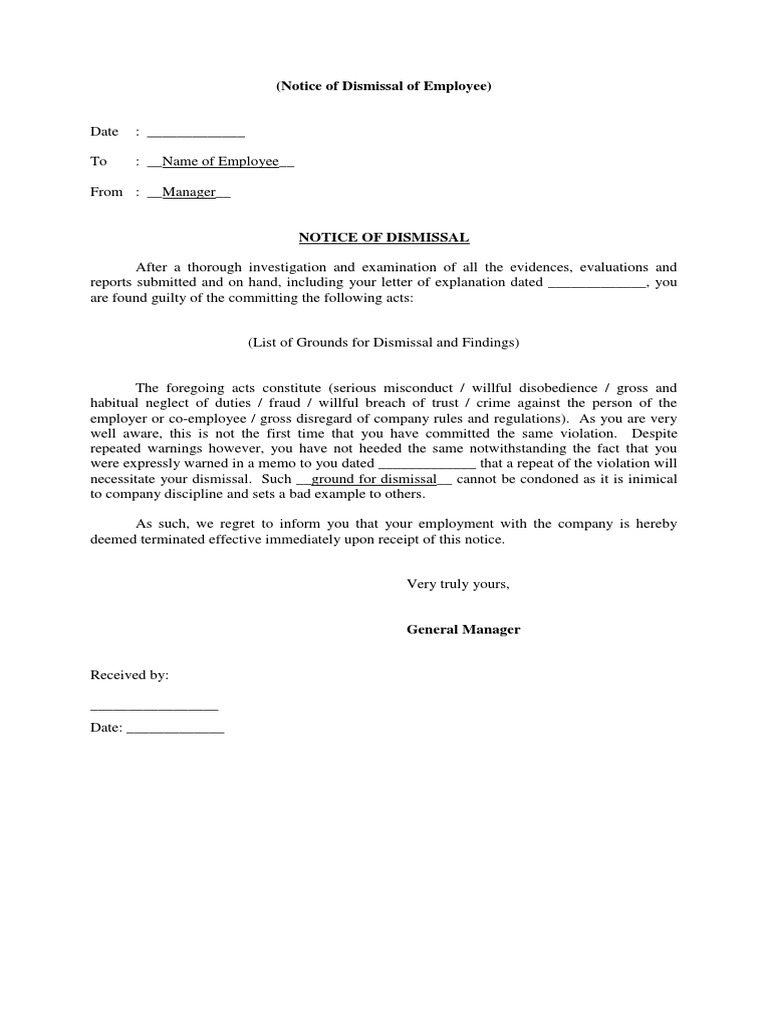 Notice of Dismissal of Employee | PDF