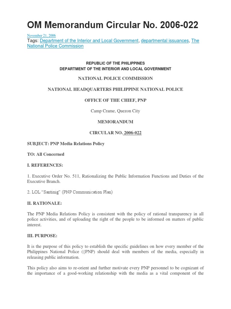 OM Memorandum Circular No. 2006-022: Tags | Download Free PDF | Arrest ...