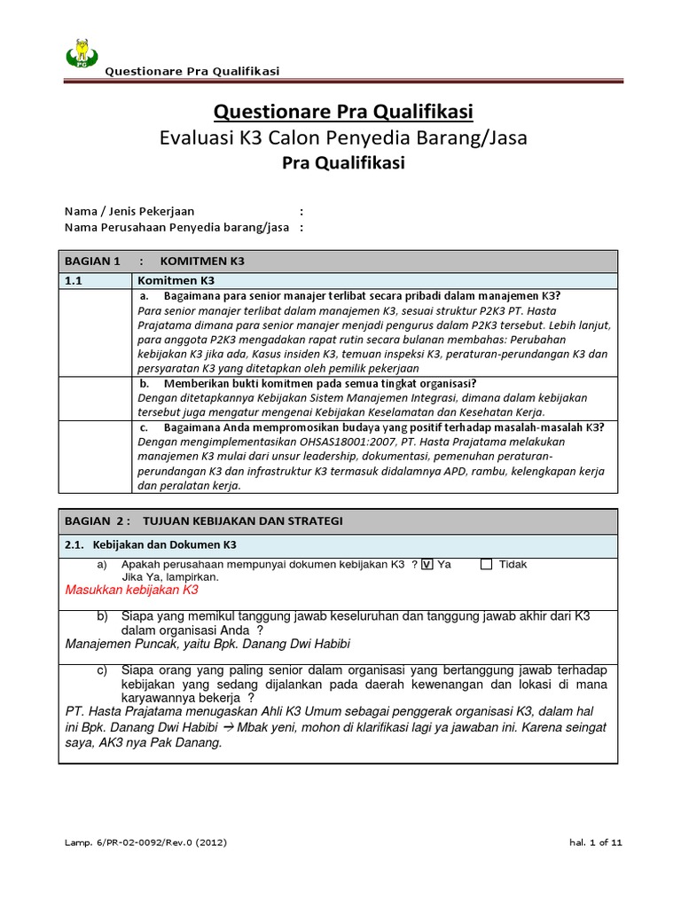 Questionare Pra Qualifikasi Evaluasi K3 | PDF