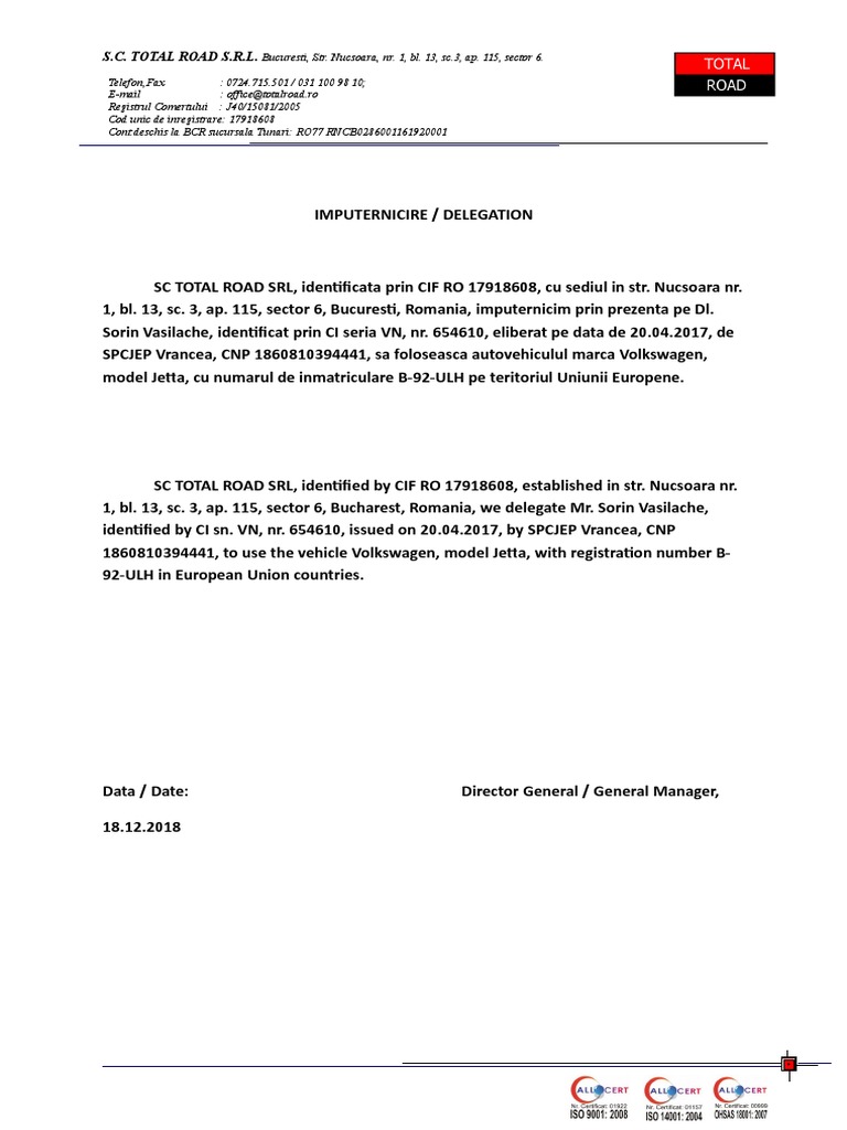 Model Imputernicire Auto | PDF | Business | Travel