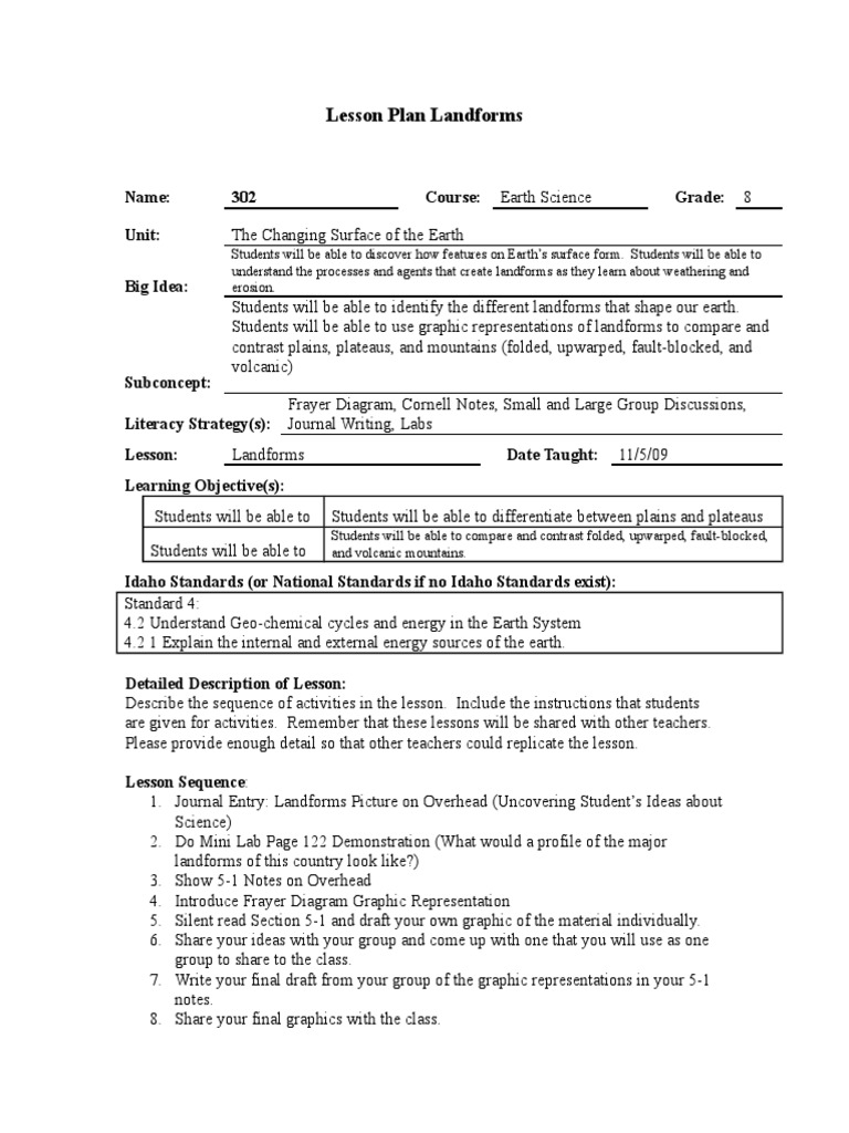 Lesson Plan Landforms: Name: 302 Course: Grade: 8 Unit: Big Idea | PDF ...