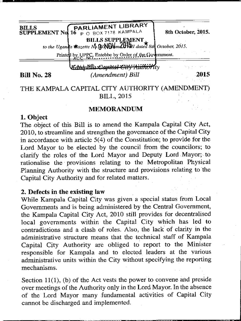 The Kampala Capital City Authority Amendment Bill, 2015 | PDF