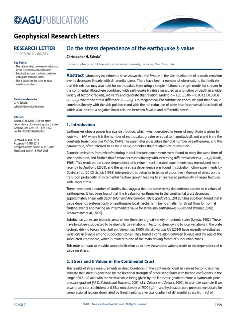 Scholz 2015 Geophysical Research Letters | PDF | Earthquakes | Fault ...