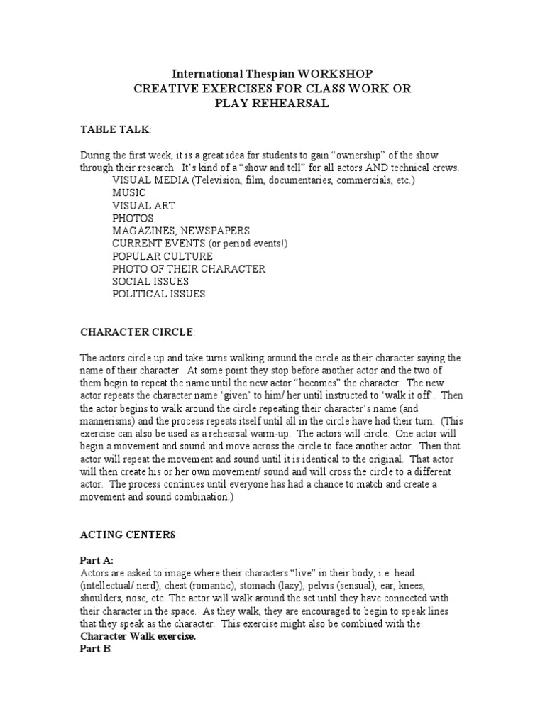International Thespian WORKSHOP Creative Exercises For Class Work or ...