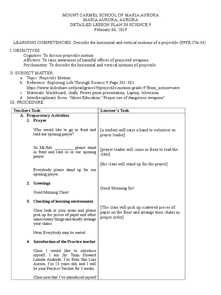 Projecting Projectile Motion: A Detailed Lesson Plan on Describing the ...