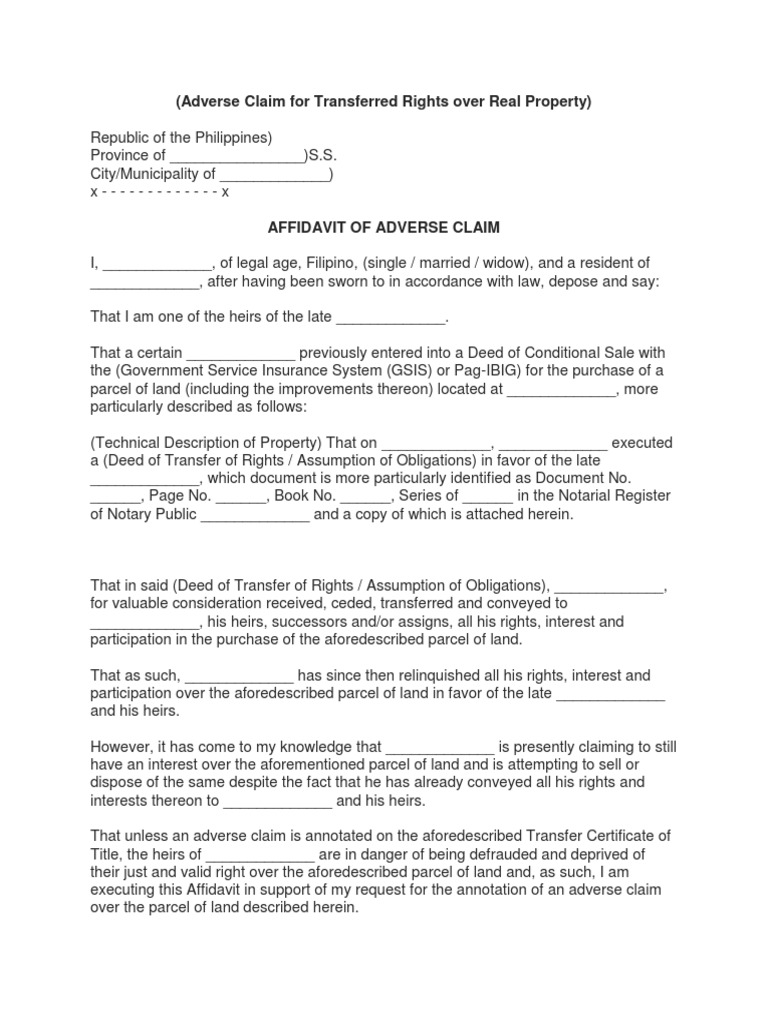 Adverse Claim on Property Rights | PDF | Affidavit | Deed