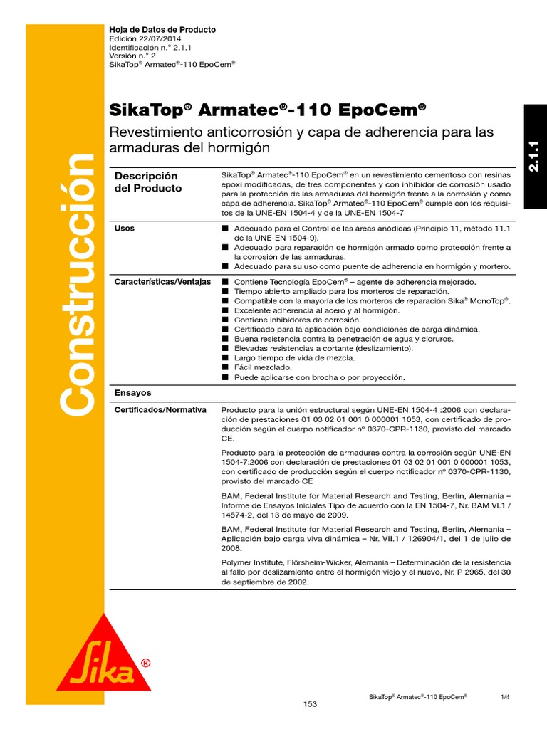 SikaTop Armatec-110 EpoCem | PDF | Revestimiento | Hormigón