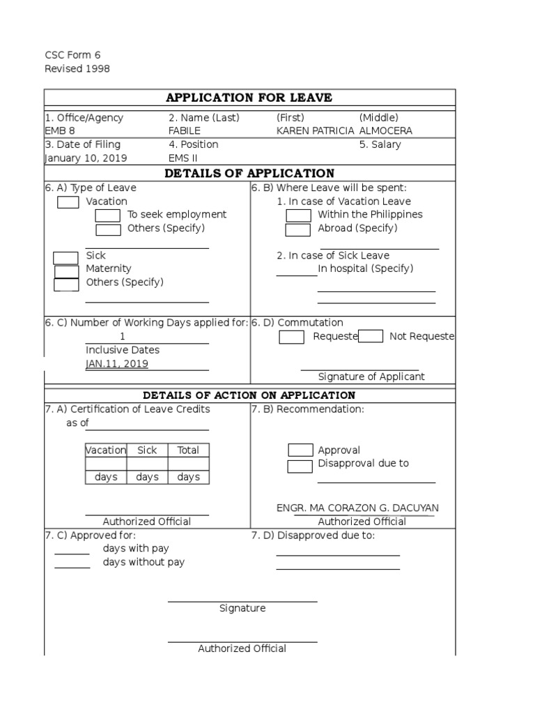 CSC Form 6 (Leave Form-New) | PDF