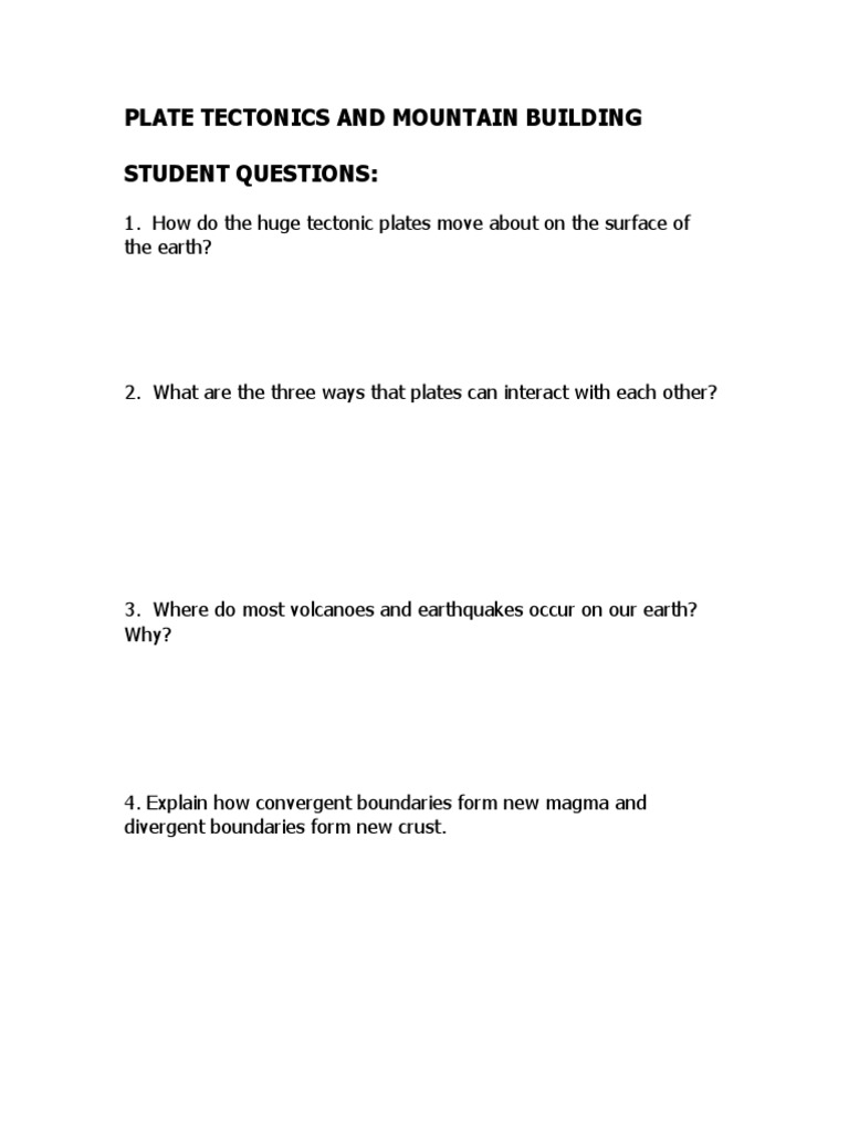 Plate Tectonics and Mountain Building Student Questions | PDF | Social ...