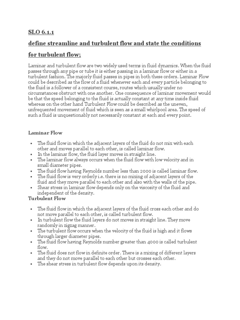 SLO 6.1.1 Define Streamline and Turbulent Flow and State The Conditions ...