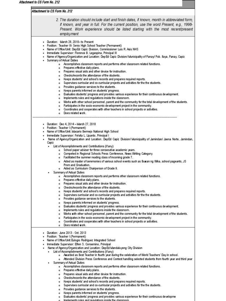 CS Form No. 212 Attachment - Work Experience Sheet. GENIE | PDF ...