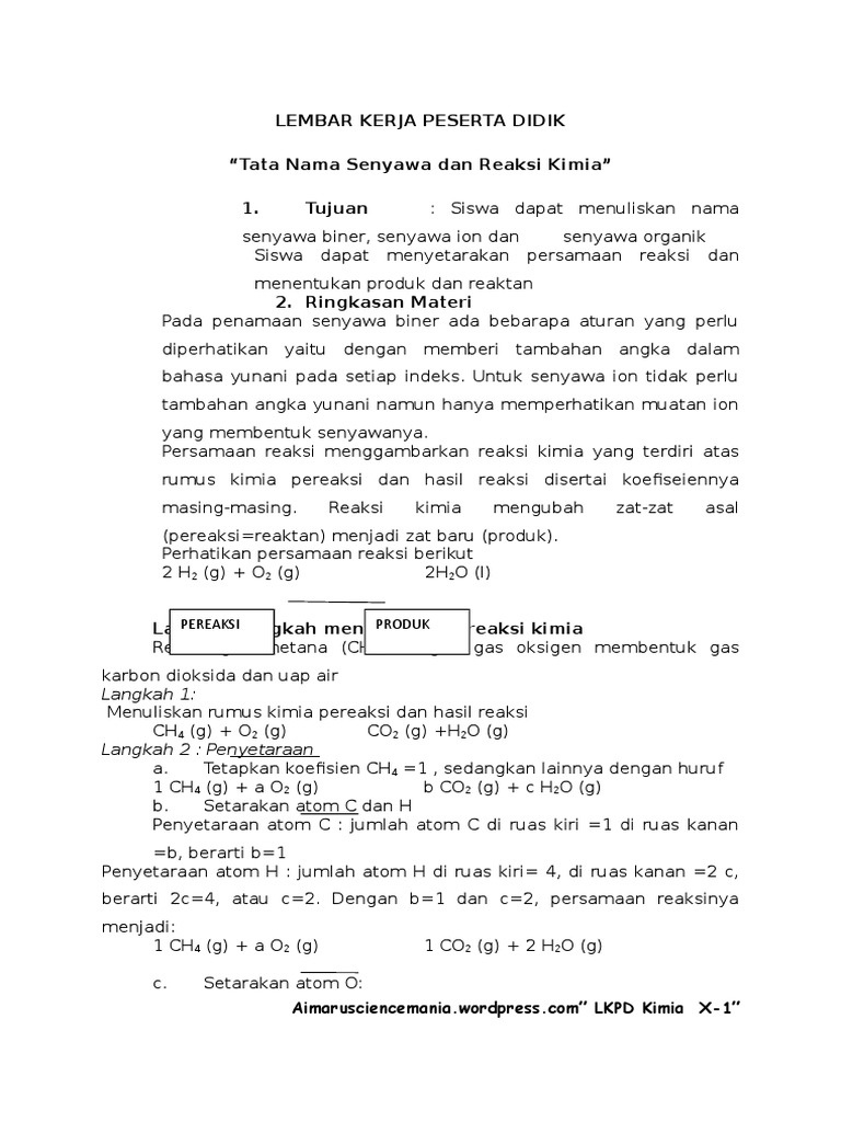LKPD Kimia Tata Nama Senyawa Reaksi Kimia | PDF
