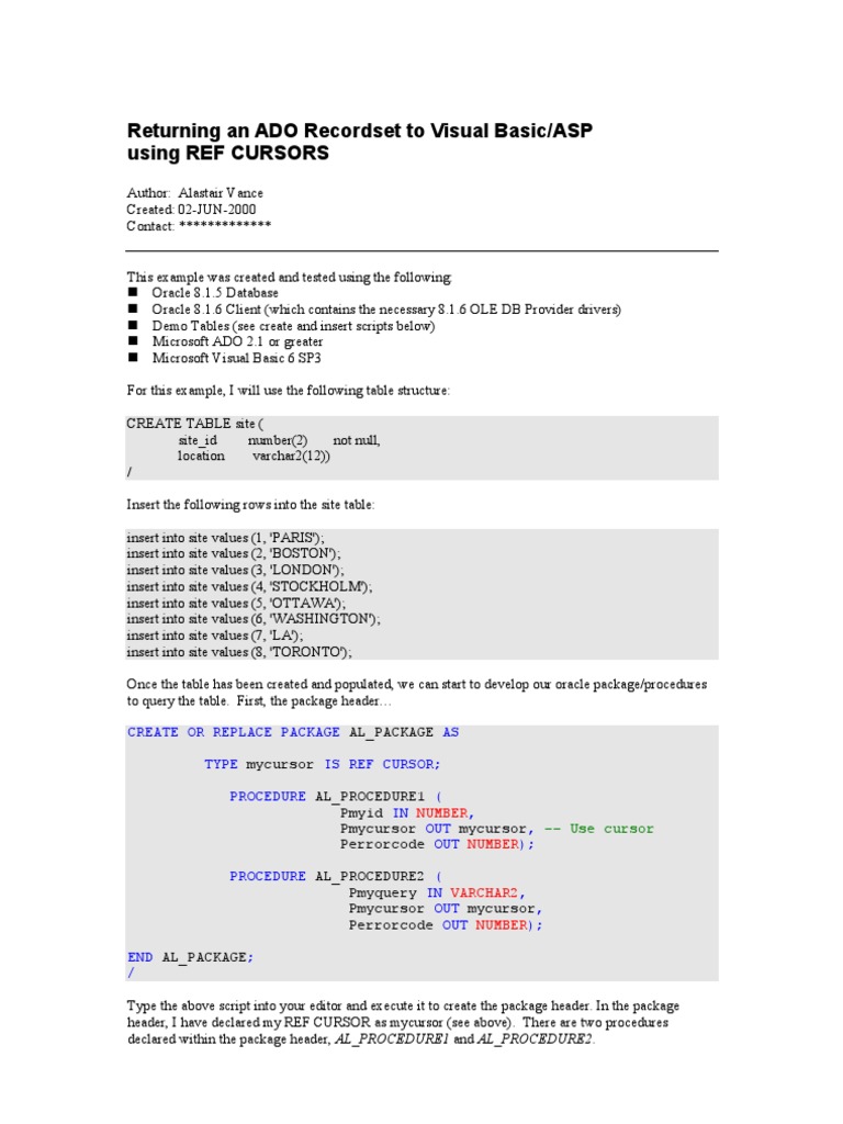 Returning An Ado Recordset To Visual Basicasp Using Ref Cursors Pdf Parameter Computer 3098