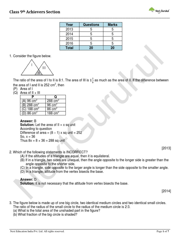 Class 9 Maths Olympiad Achievers Previous Years Papers With Solutions ...